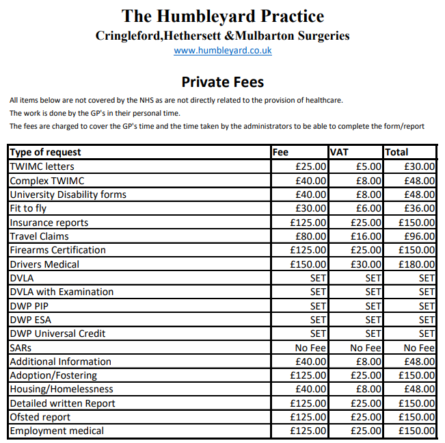 Non-NHS Work - The Humbleyard Practice