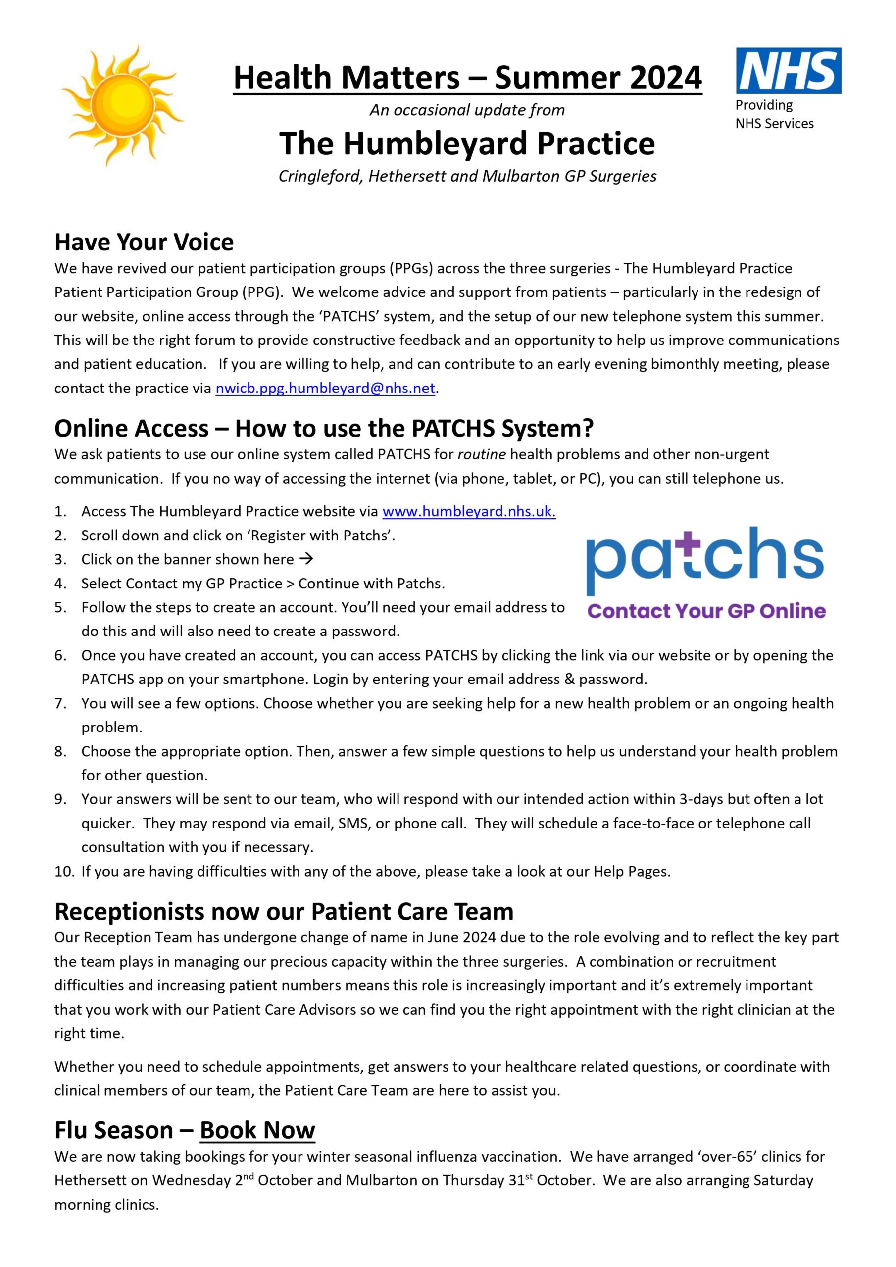 Patient Newsletter: Health Matters Summer 2024 - The Humbleyard Practice