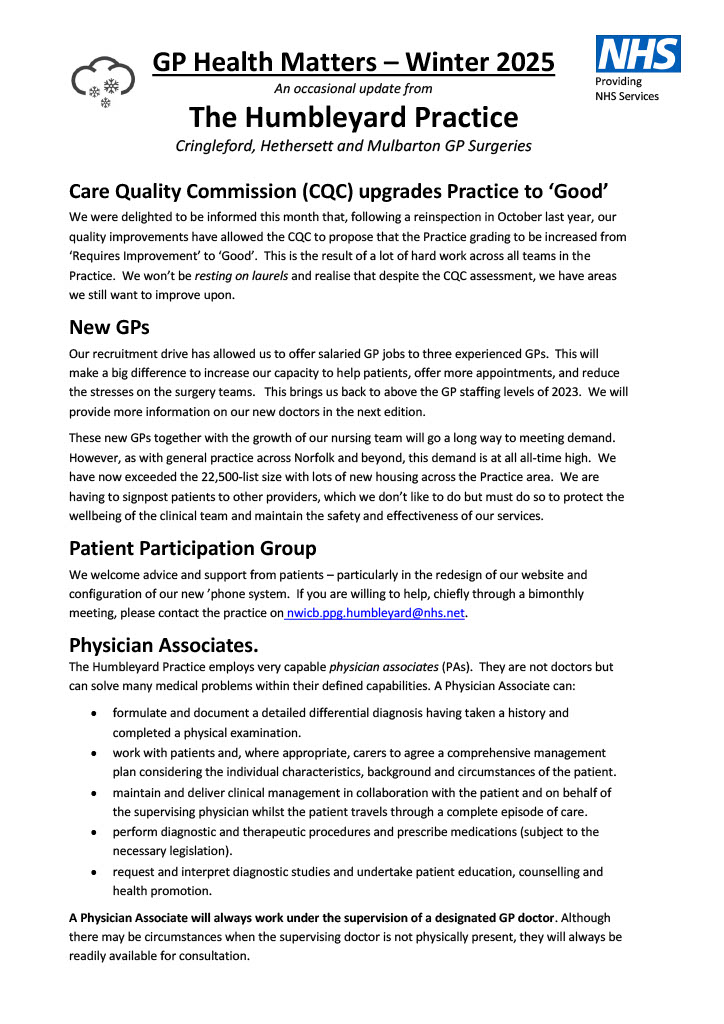 Patient Newsletter: Health Matters Winter 2025 - The Humbleyard Practice